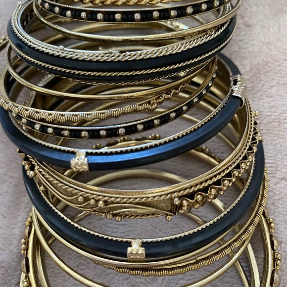 Jewelry | Black And Gold Bangle Braclet Stack | Poshmark
